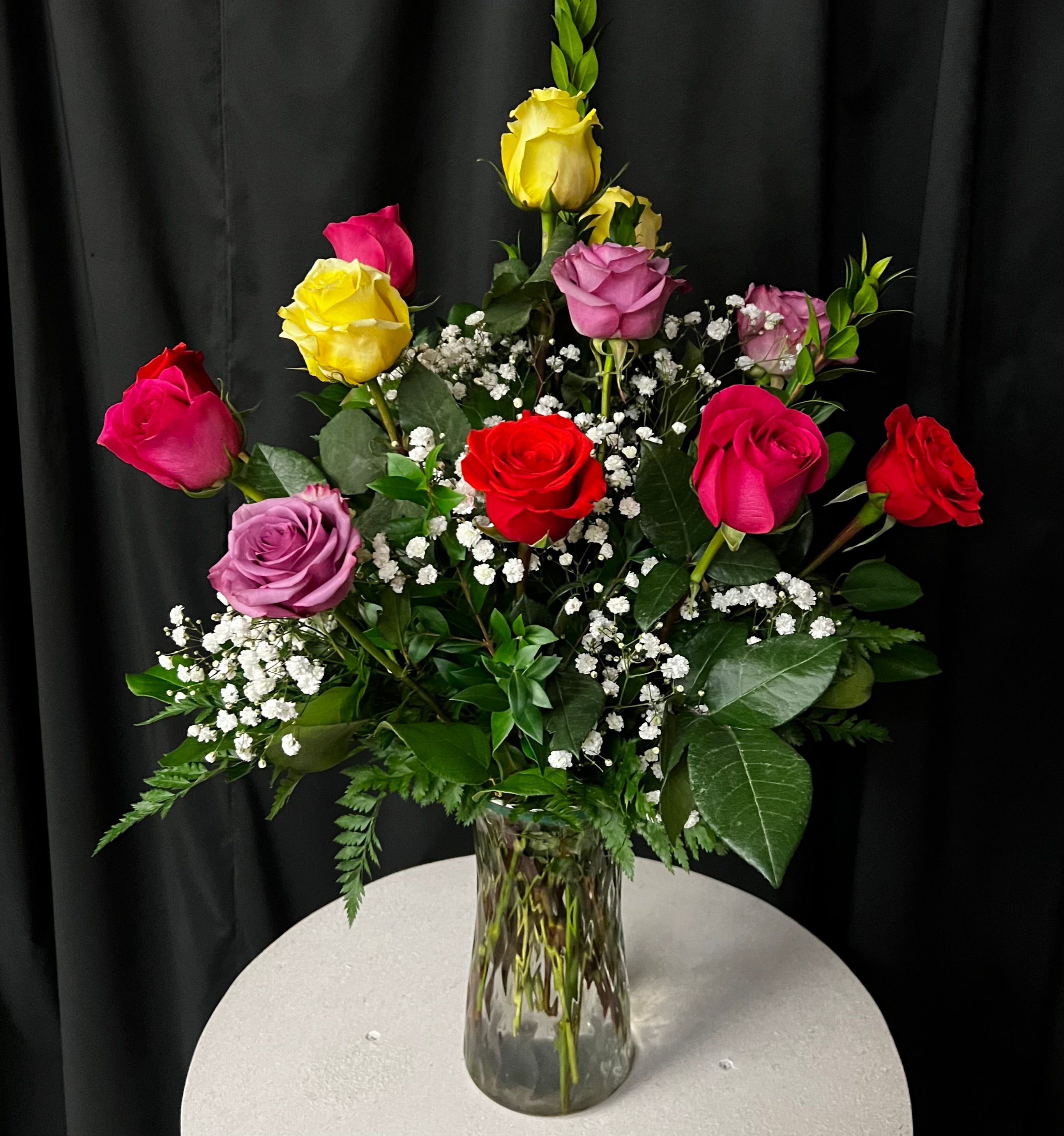 Assorted Color Dozen Roses with Red–Hummel's Flowers Inc
